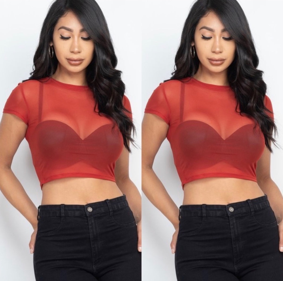 Win My Heart Sheer Mesh Short Sleeve Rust Crop Top – J Elise Boutique